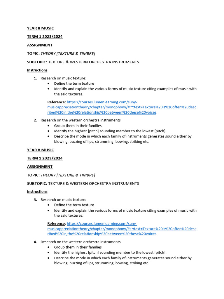Year 8 Music: Texture & Orchestra Instruments | PDF