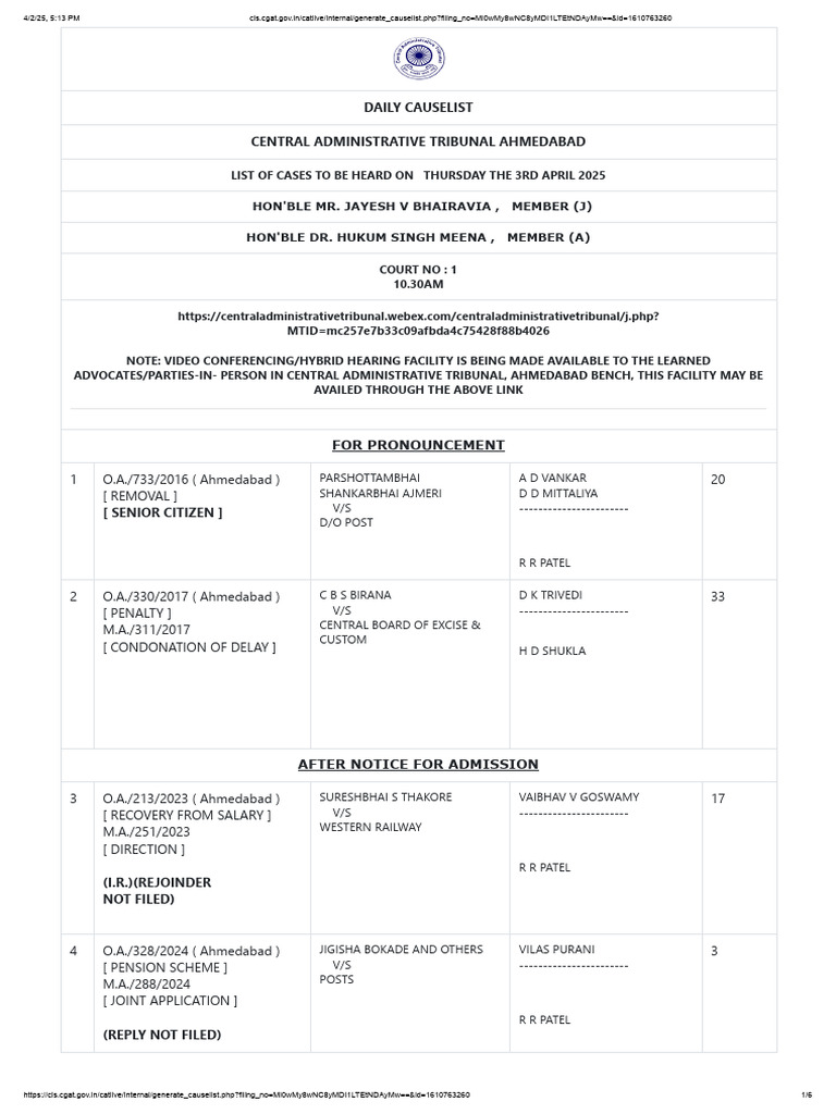 Daily Causelist Central Administrative Tribunal Ahmedabad | PDF