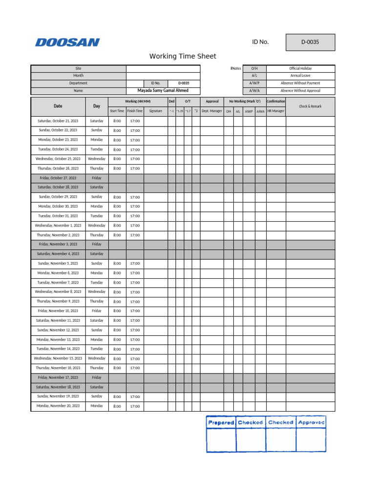 Time Sheet Form - November | PDF