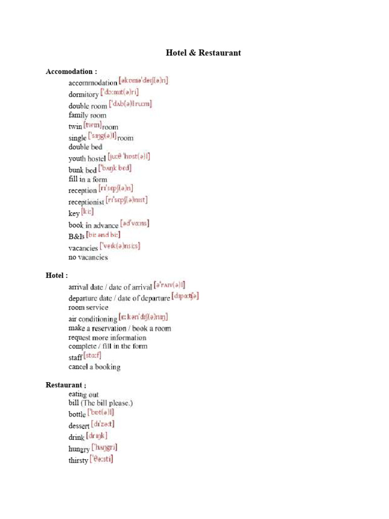 VOCABULARY (Hotel & Restaurant) | PDF