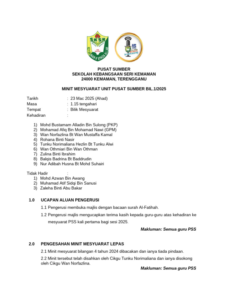 Minit Mesyuarat PSS Bil.1 2025 | PDF