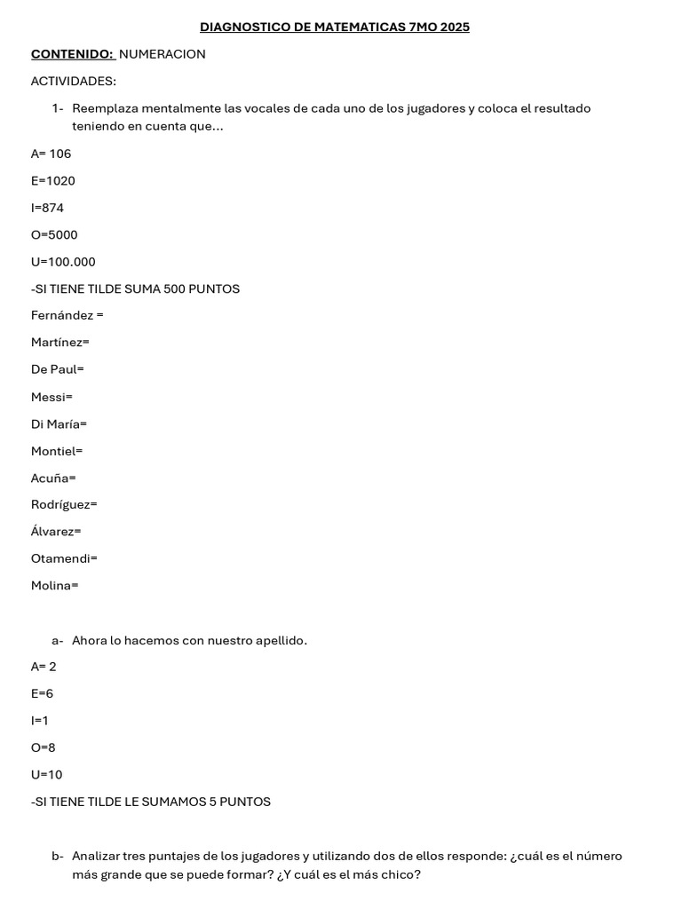 Diagnostico de Matematica 7mo 2025 | PDF