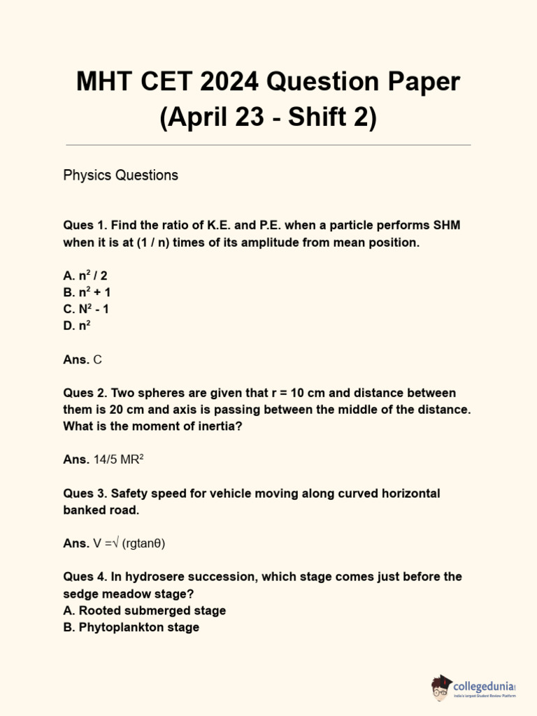 MHT CET 2024 April 23 Shift 2 Paper | PDF | Sperm | Biology
