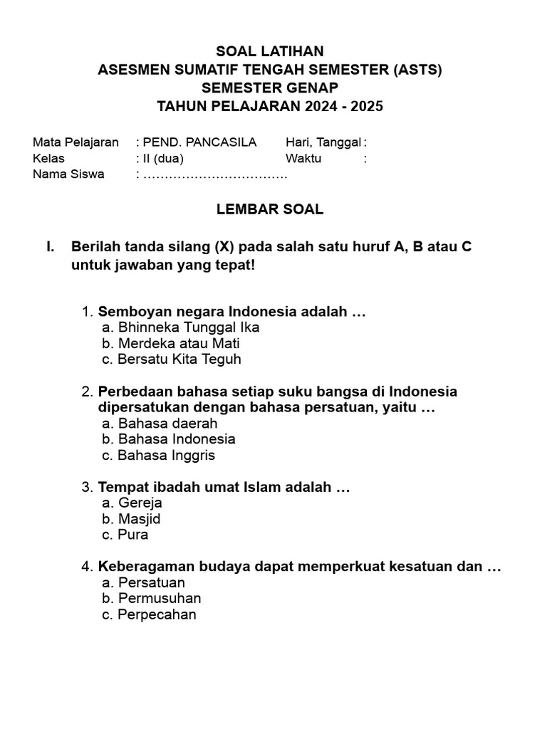 Soal ASTS PPKn Kelas II 2024-2025 | PDF