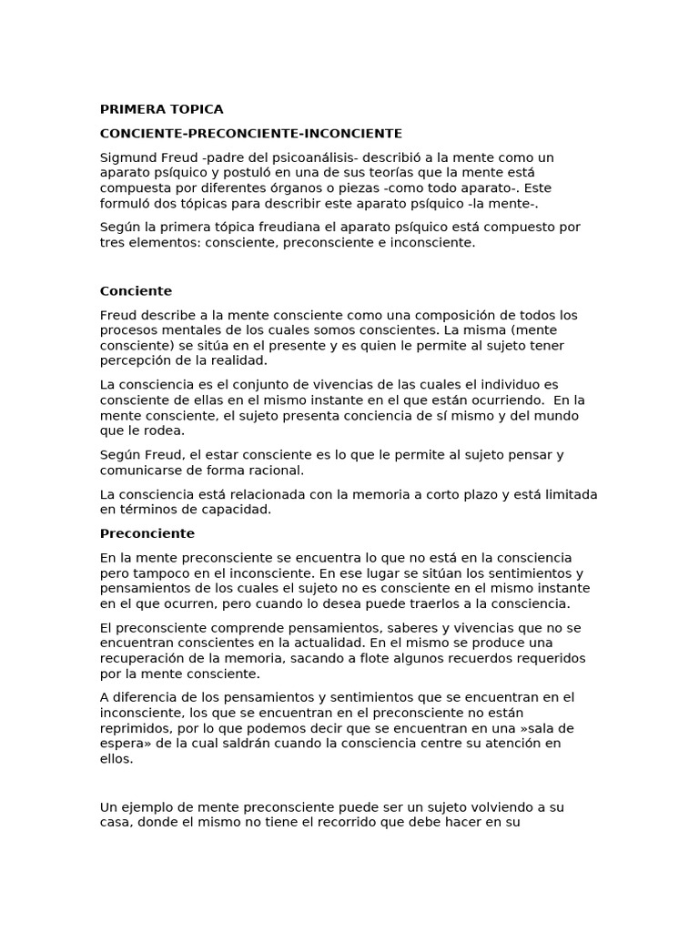 Primera Tópica de Freud: Consciente, Preconsciente e Inconsciente | PDF ...