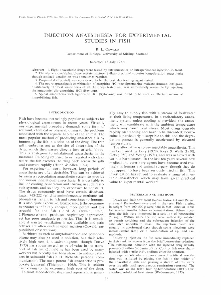 Injection Anaesthesia studies for Fish experiments | PDF | Anesthesia ...