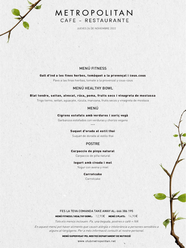 Menu Restaurante Metropolitan Badalona | PDF