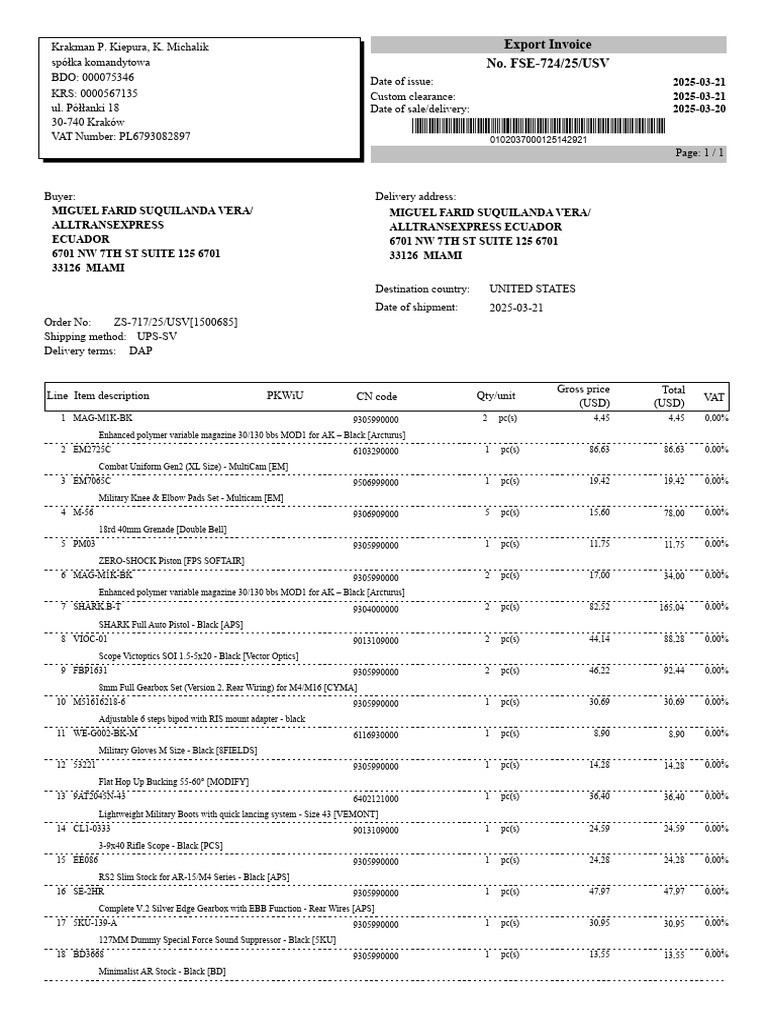 FSE-724_25_USV - Faktura eksportowa (ang.) | PDF | Rifle | Ballistics