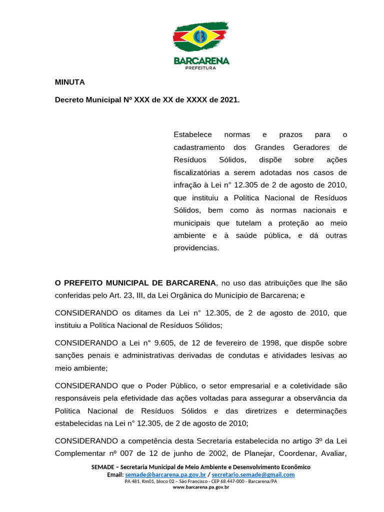 Minuta de Decreto Dos Grandes Geradores de Residuos | PDF | Desperdício | Reciclagem