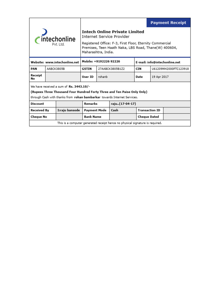 Intech Online Payment Receipt | PDF