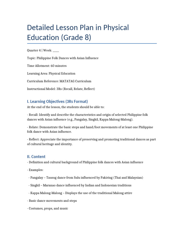 Grade 8 PE Lesson Plan Folk Dance Asian Influence | PDF | Dances ...