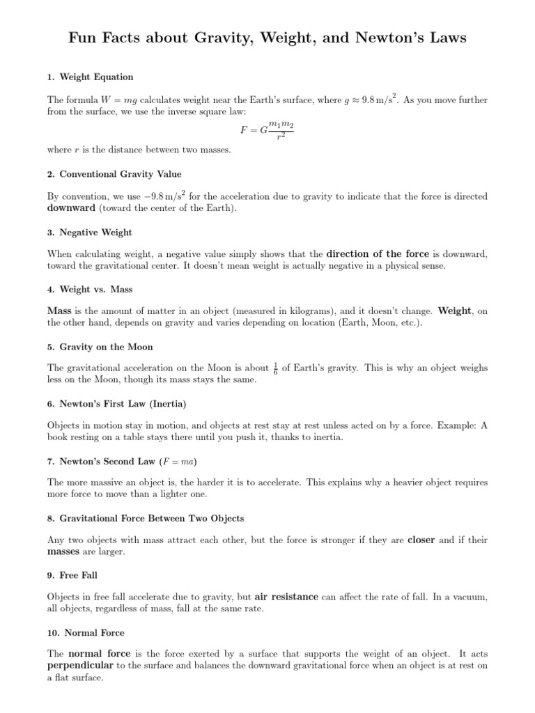 Weight Gravity Newton Fun Fact Sheet | PDF