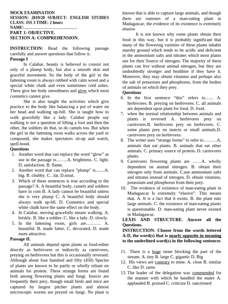 MOCK EXAMINATION English Studies | PDF | Malaria | Deities