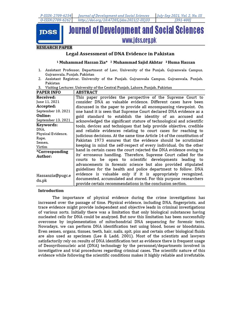 Legal Evaluation of DNA Evidence in Pakistan | PDF | Dna Profiling