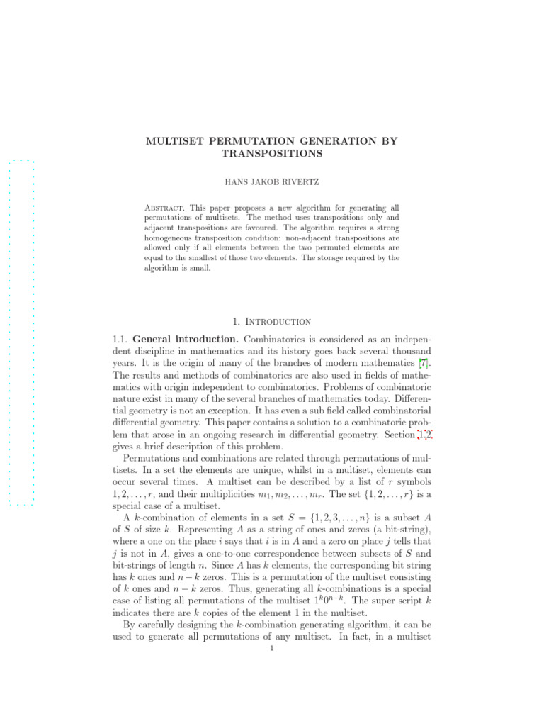 2309.11781 - Multiset Permutation Generation by Transpositions | PDF | Permutation | Discrete ...