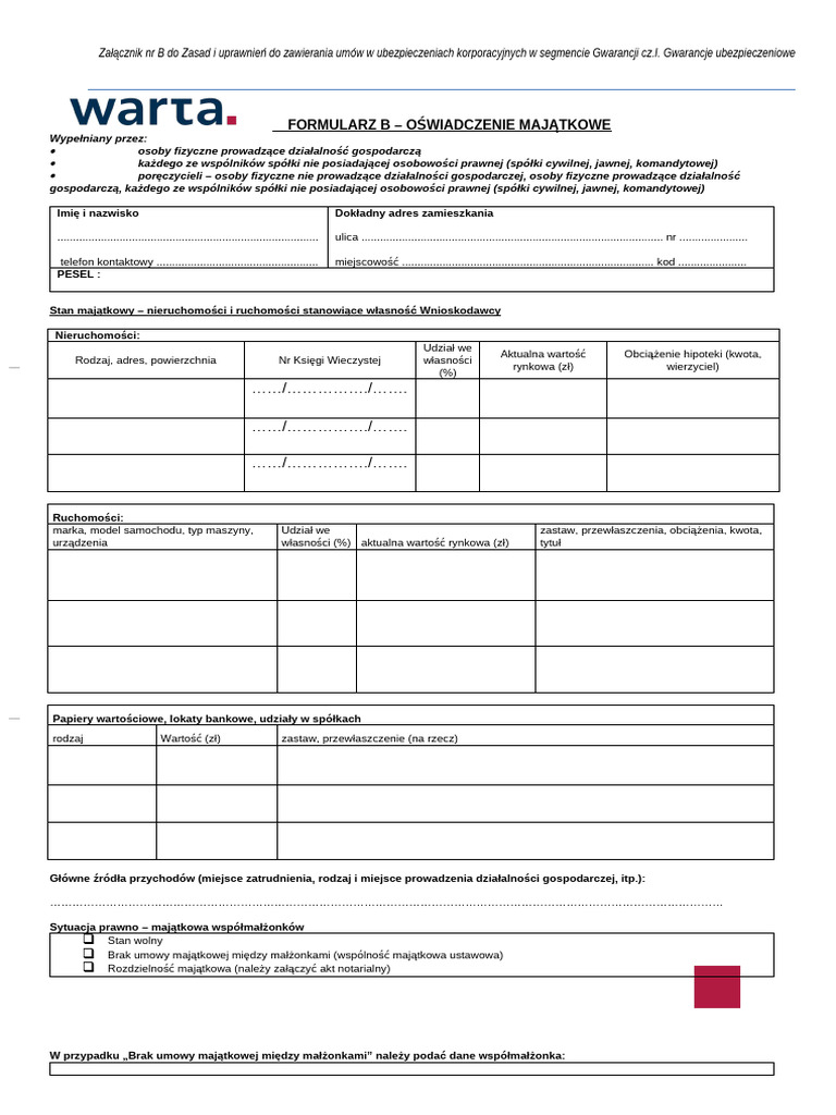 Zalacznik B Formularz B Oswiadczenie Majatkowe | PDF