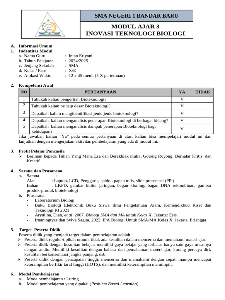 Modul Ajar BIOTEKNOLOGI - Intan Eriyani | PDF