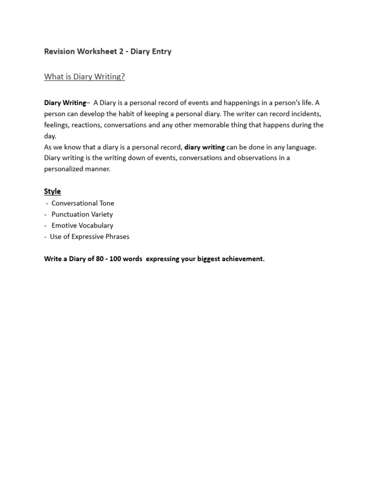 Revision Worksheet 2 - Diary Entry | PDF