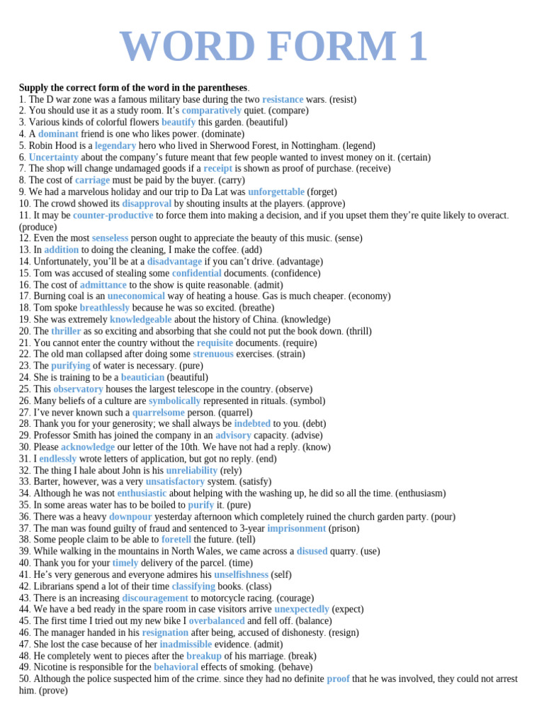 WORD-FORM-1 (đáp án) | PDF