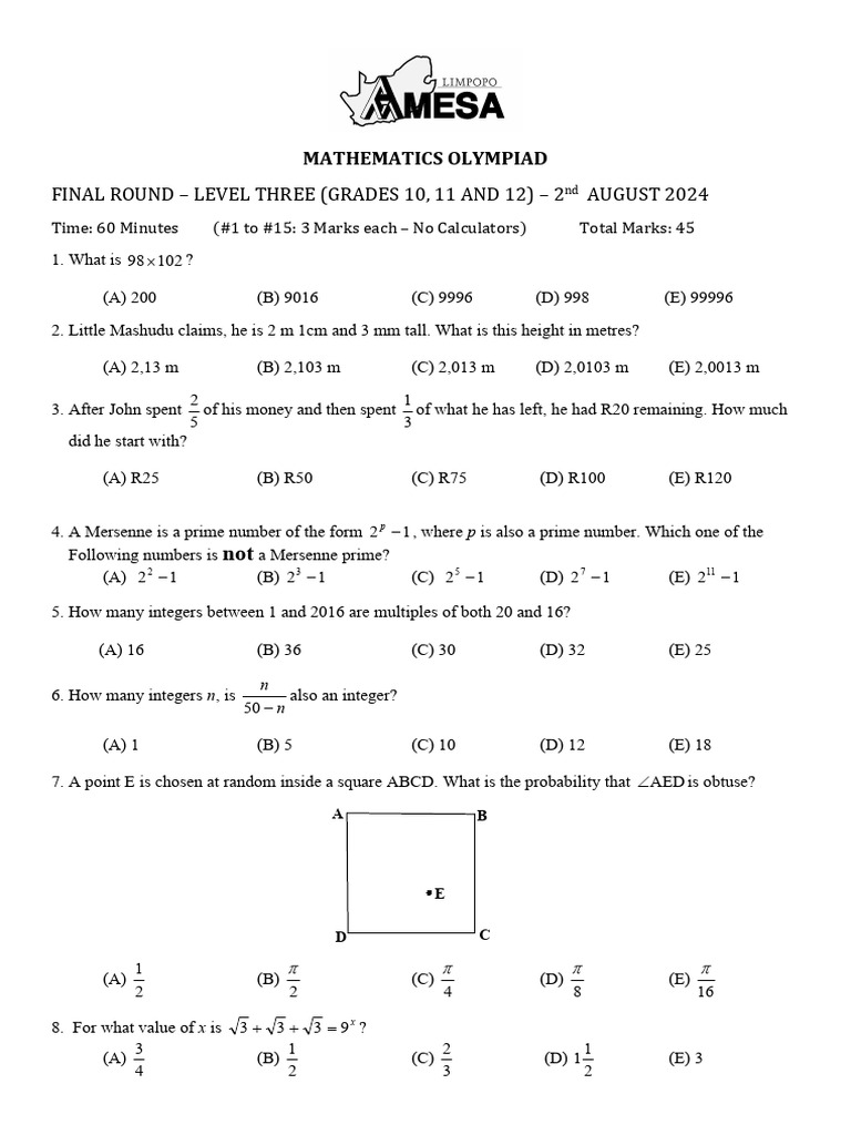 Mathematics Olympiad Level 3 Exam 2024 | PDF | Area | Geometry