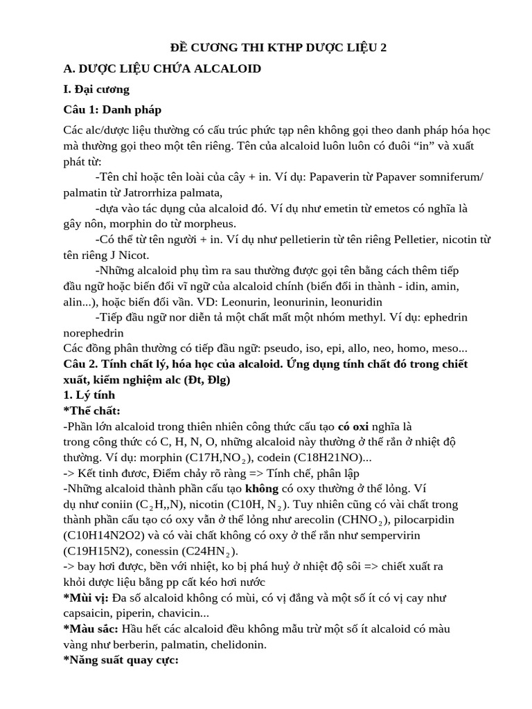 ĐỀ CƯƠNG THI KTHP DƯỢC LIỆU 2 | PDF