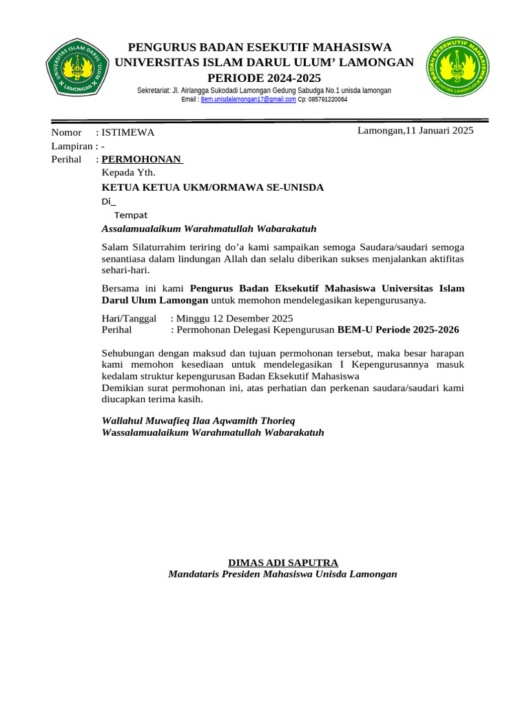Permohonan Delegasi BEM Unisda 2025-2026 | PDF