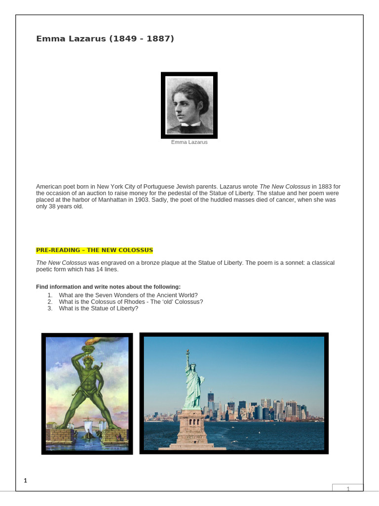 Emma Lazarus The New Colossus | PDF | Sonnets | American Poetry