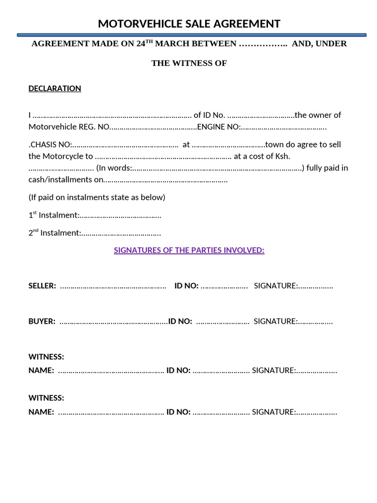 Motor Vehicle Sale Agreement Template | PDF