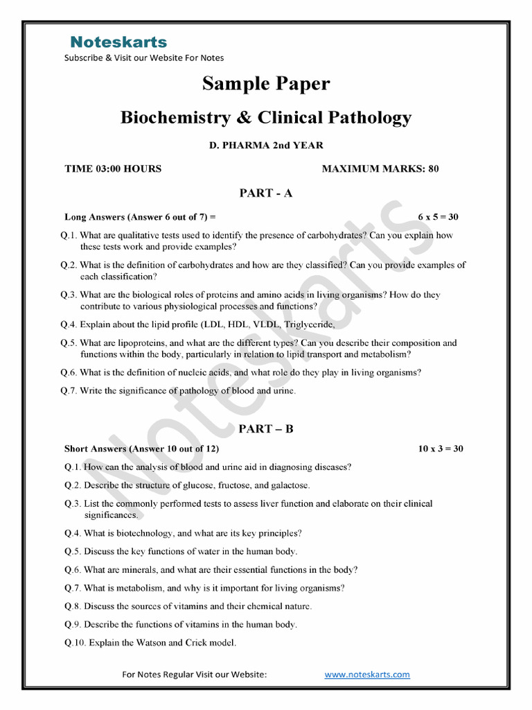 Noteskarts Biochemistry & Clinical Pathology Sample Paper Final by ...