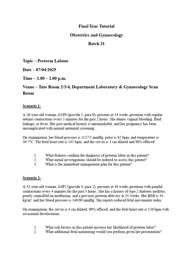 Preterm Labour Case Scenarios Guide | PDF | Childbirth | Pregnancy