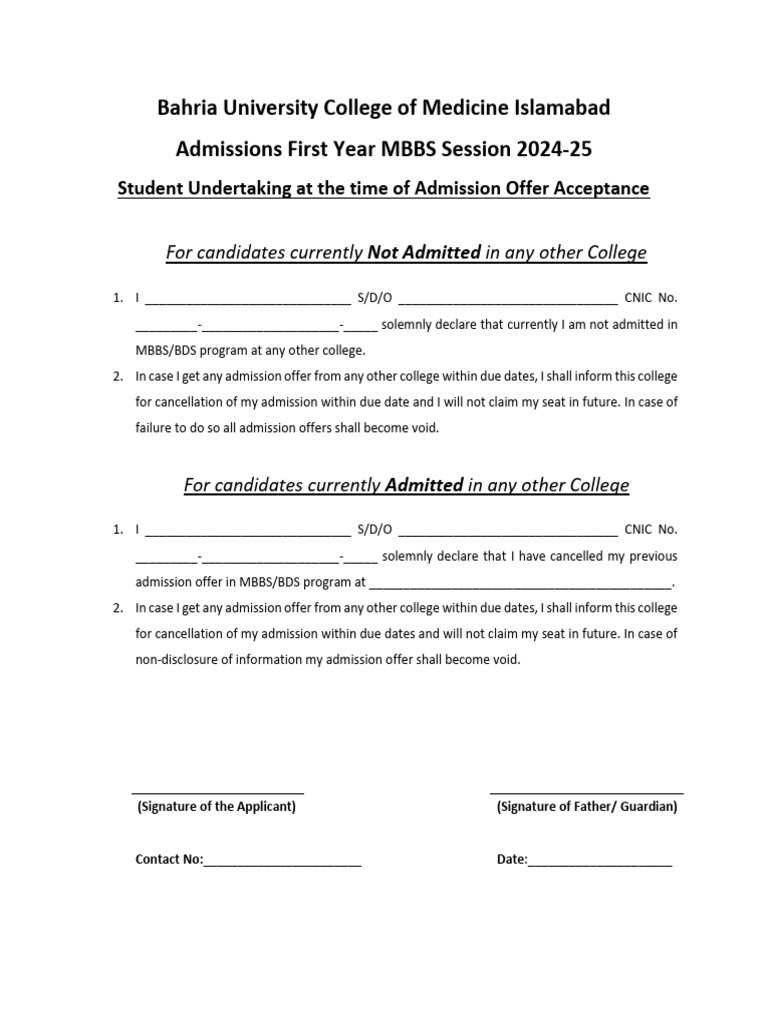Undertaking Form For Admissions First Year MBBS BUCM - Session 2024-25 | PDF