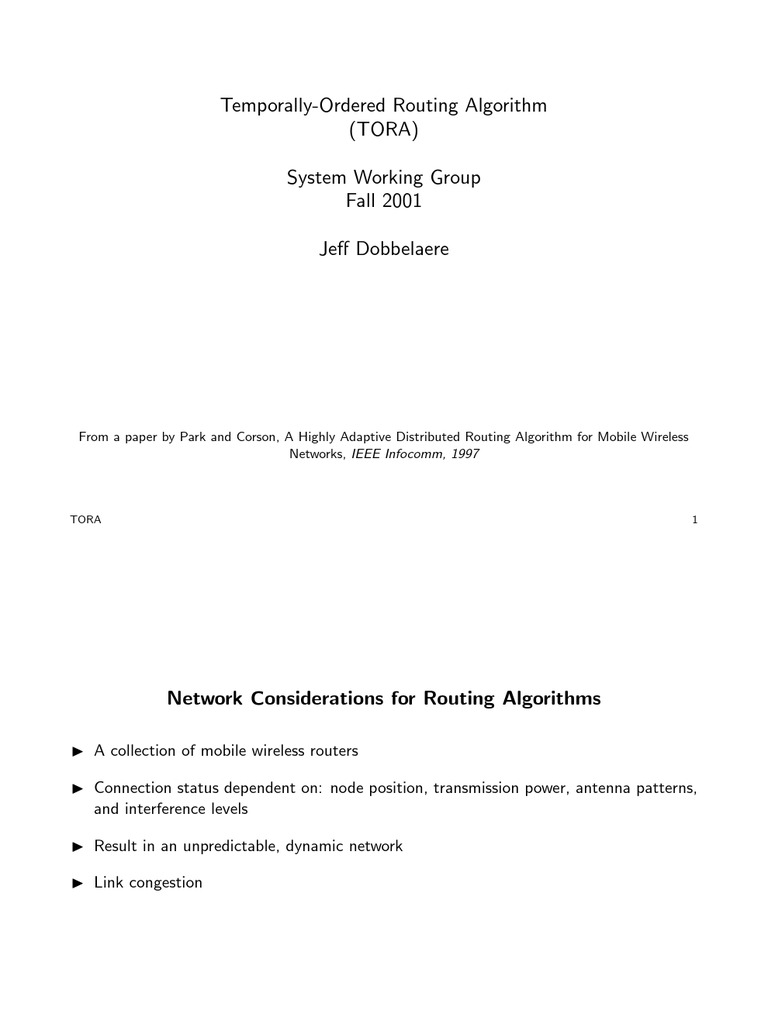 Temporally-Ordered Routing Algorithm (TORA) System Working Group Fall 2001 Jeff Dobbelaere | PDF ...