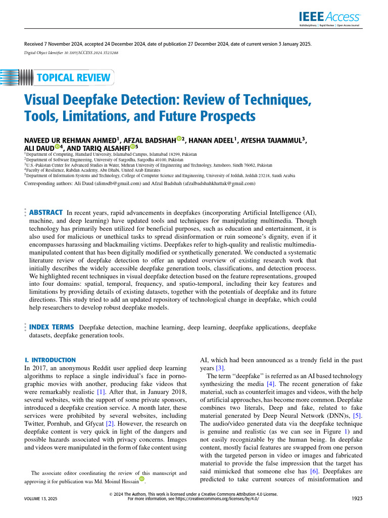 Visual Deepfake Detection Review of Techniques Tools Limitations and Future Prospects | PDF ...