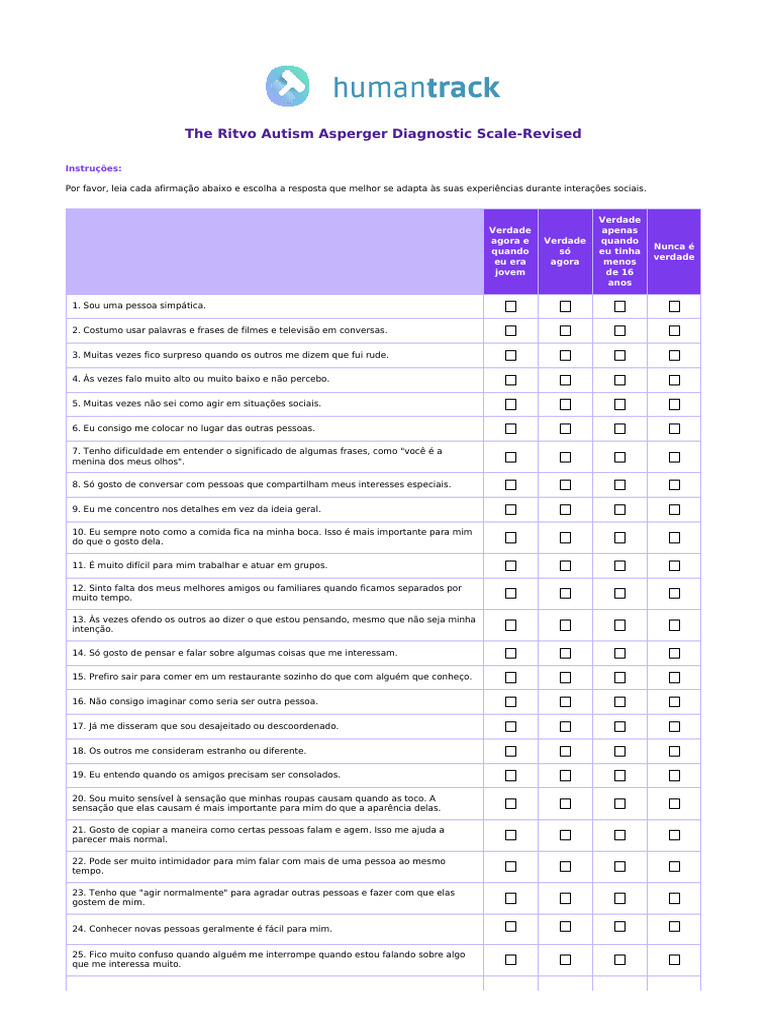 The Ritvo Autism Asperger Diagnostic Scale-Revised | PDF | Pensamento