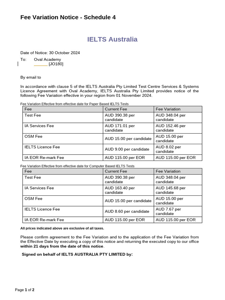 Fee Variation Notice for Oval Academy | PDF