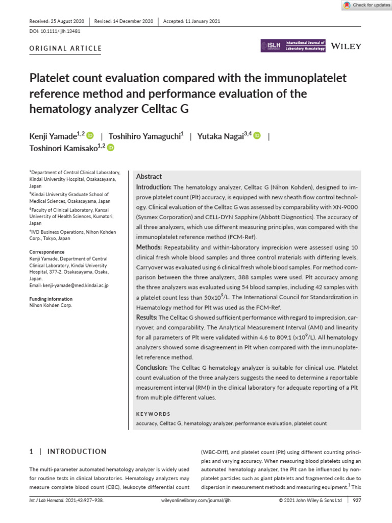 Int J Lab Hematology - 2021 - Yamade - Platelet count evaluation compared with the ...