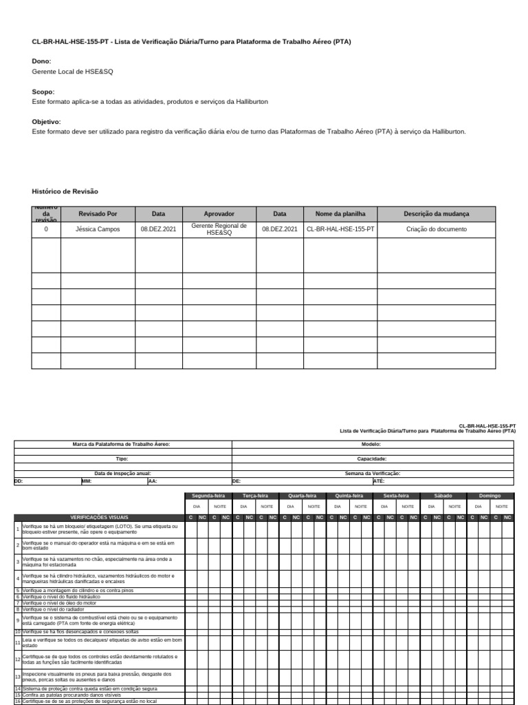 Checklist Diário para Plataforma Aérea PTA | PDF | Freio