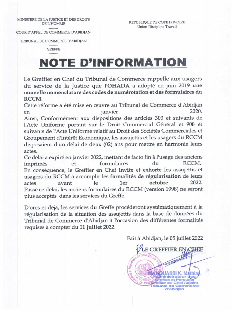 RCCM-NOTE D'INFORMATION | PDF