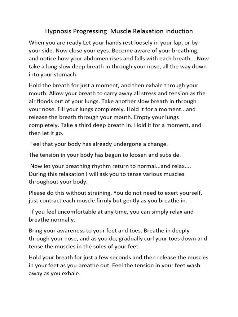 Muscle Relaxation Hypnosis Guide | PDF | Breathing | Arm