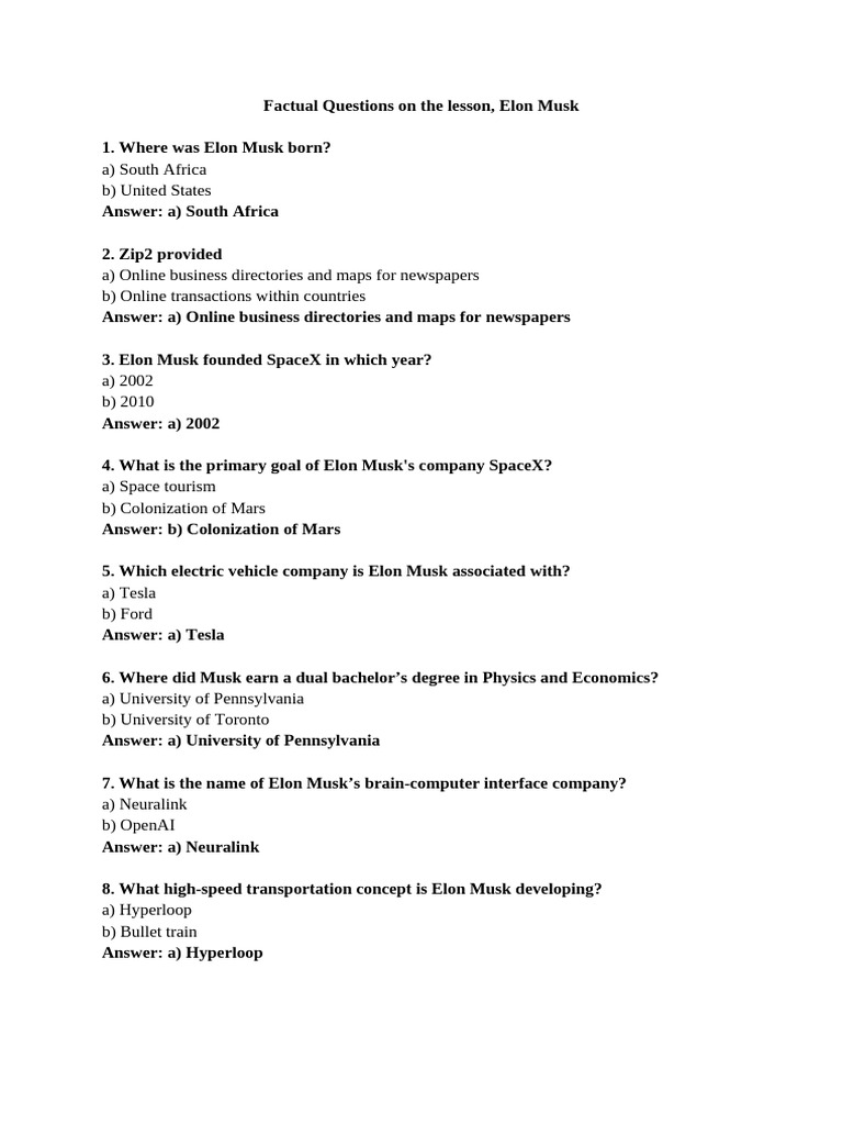 6 Factual Questions With Answers On The Lesson, Elon Musk | PDF