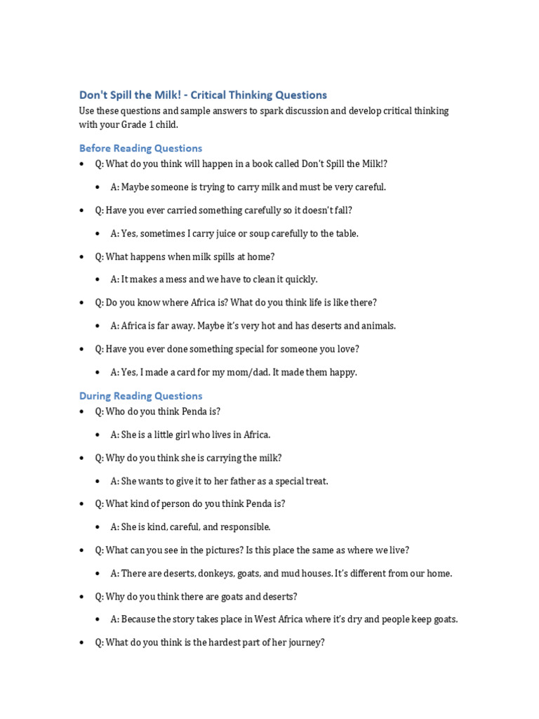 Dont Spill The Milk Critical Thinking Questions | PDF