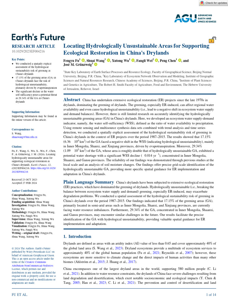 Earth S Future - 2024 - Fu - Locating Hydrologically Unsustainable ...