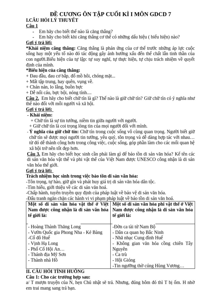 ĐỀ CƯƠNG ÔN TẬP CUỐI KÌ I MÔN GDCD 7 | PDF