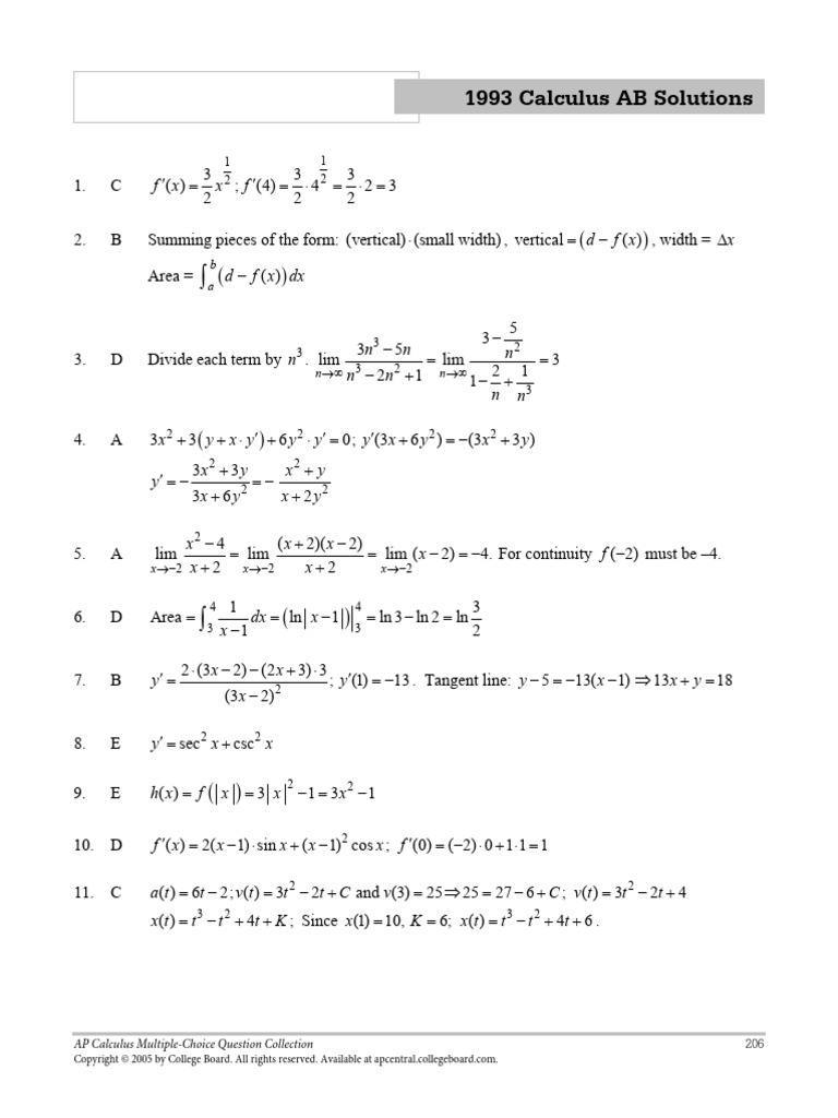 AP CalculusAB选择题1993答案 | PDF | Derivative | Mathematics