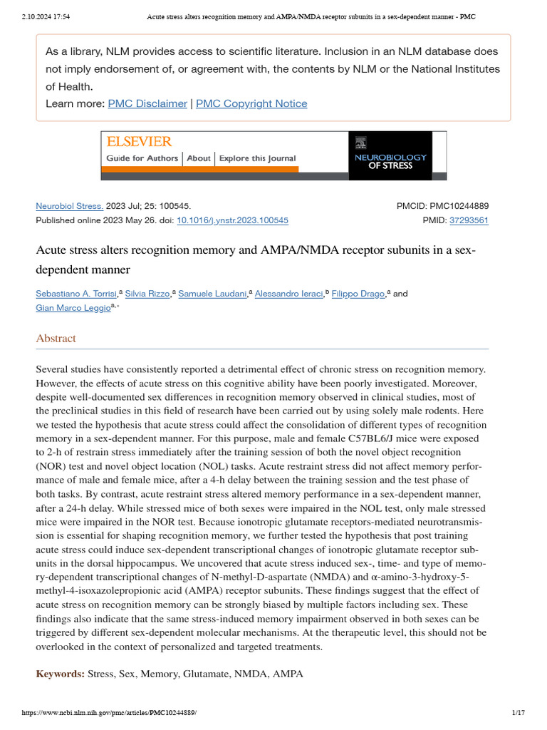 Acute Stress Alters Recognition Memory and AMPA - NMDA Receptor Subunits in A Sex-Dependent ...