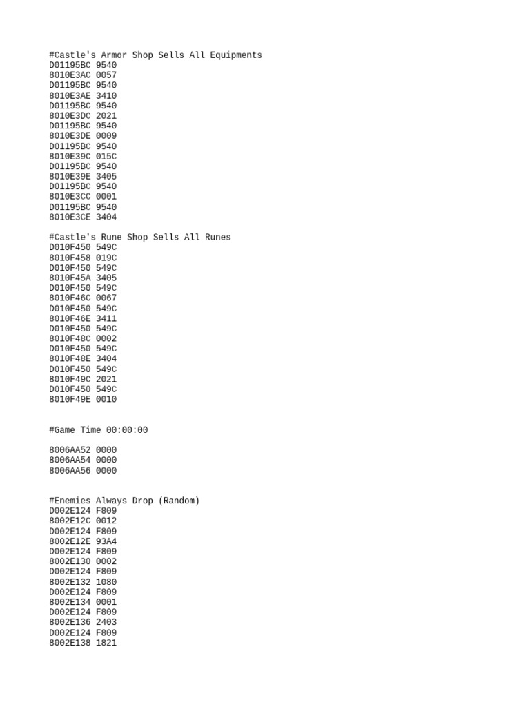 Game Cheats and Equipment Codes | PDF