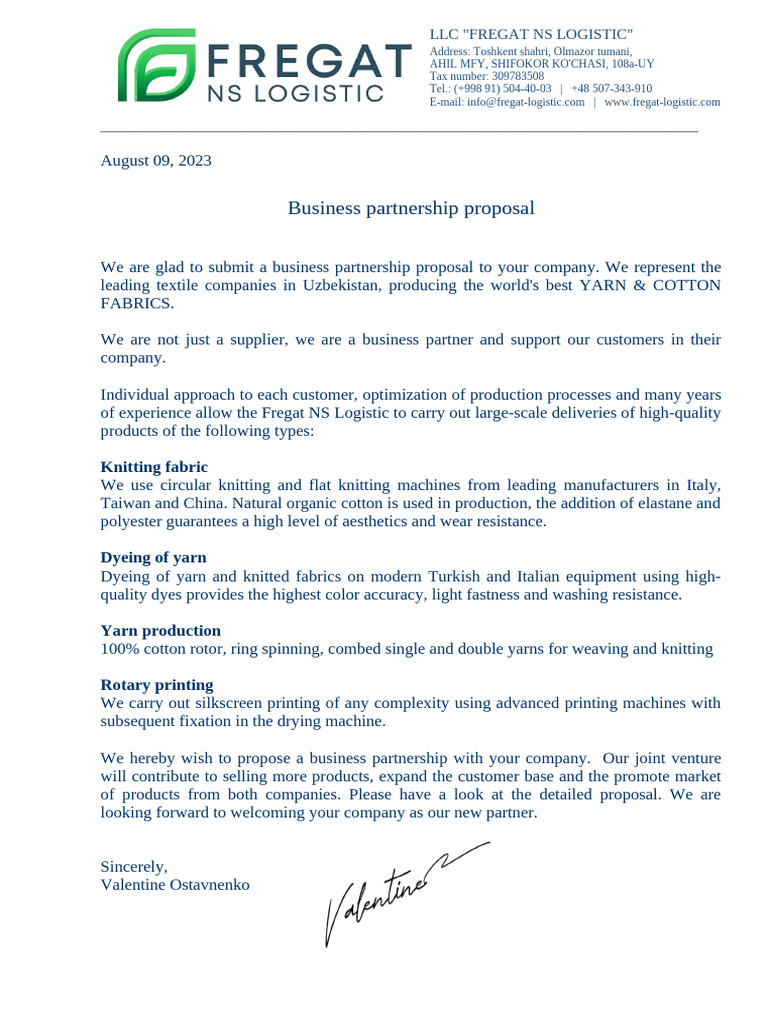 Business partnership proposal (Textile) | PDF