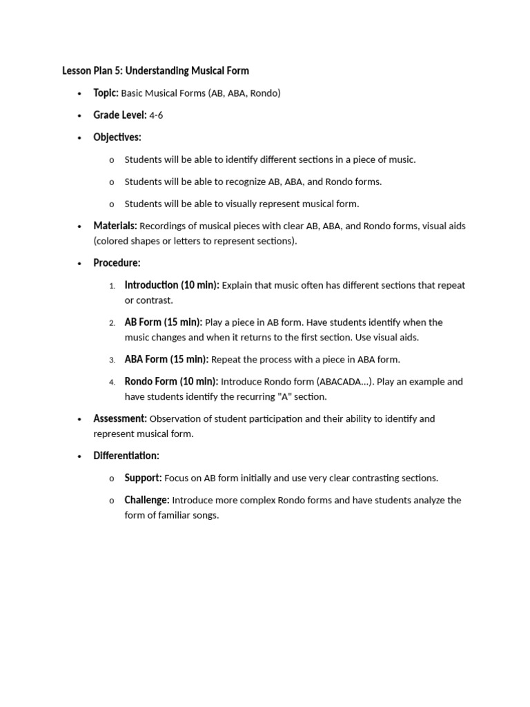 Musical Form Lesson Plan for Grades 4-6 | PDF