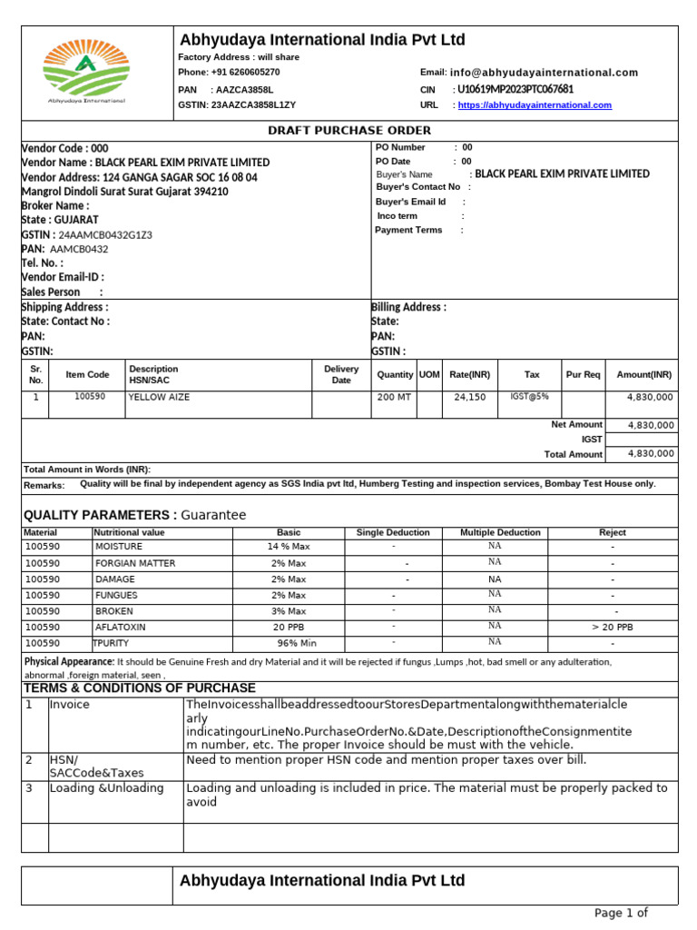 Draft Purchase Order for Yellow Maize | PDF | Business