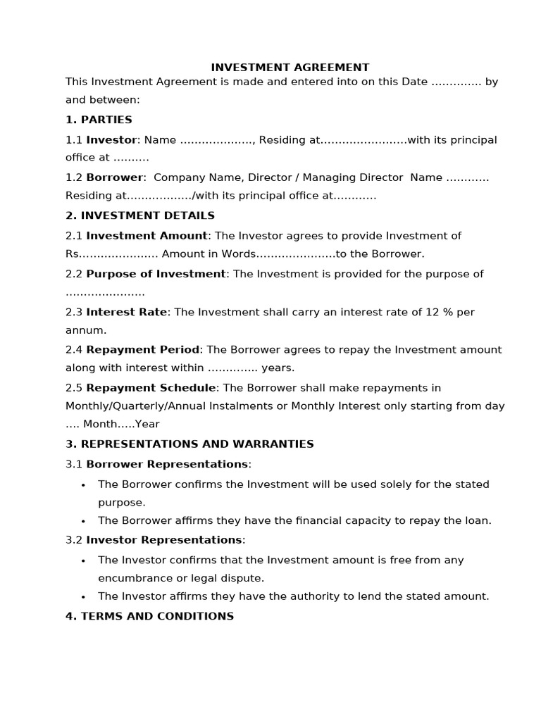 INVESTMENT AGREEMENT DRAFT 10.01.2025 Mr. Harish | PDF | Loans | Credit
